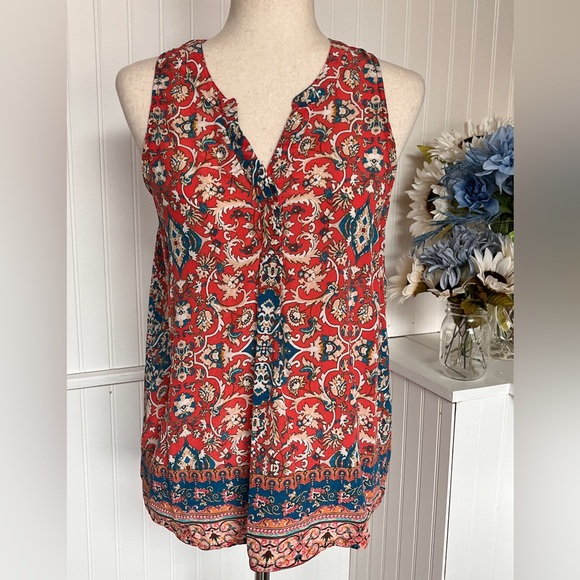 Tolani | Tops | Tolani Boho Red Blue Sleeveless Vneck Blouse | Poshmark
